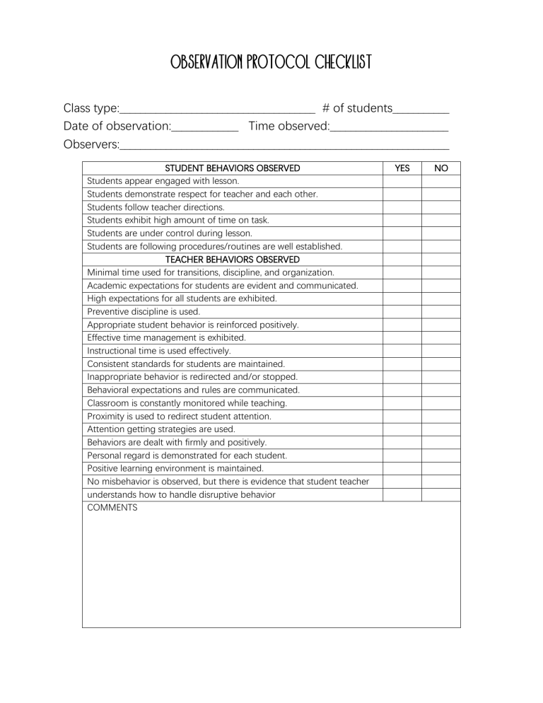 Classroom Observation Checklist