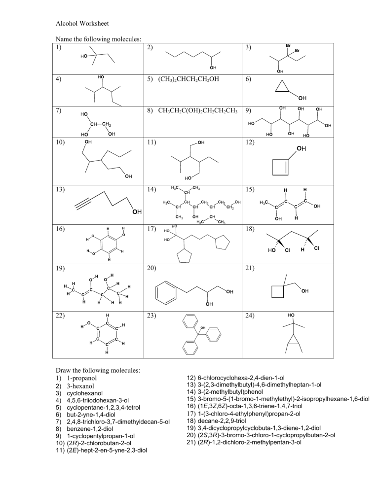 Alcohol Nomenclature & Structure Worksheet