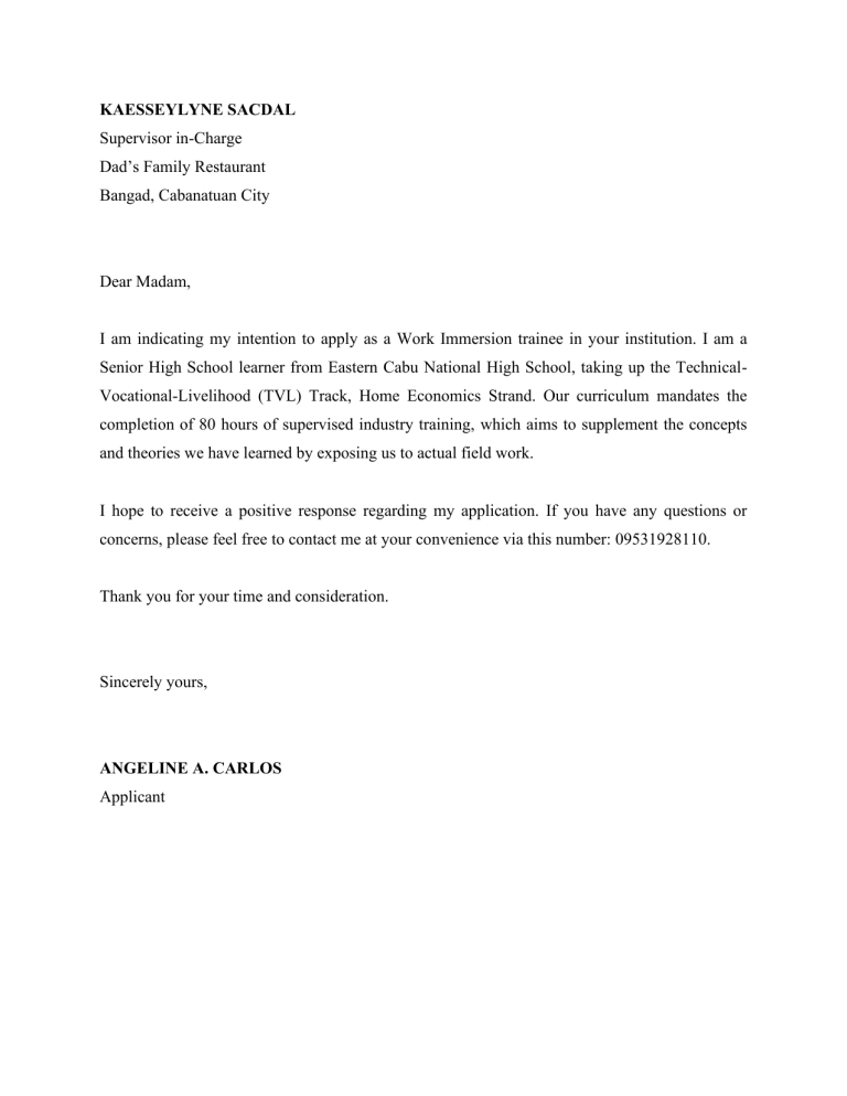 Work Immersion Application Letter - Home Economics Student