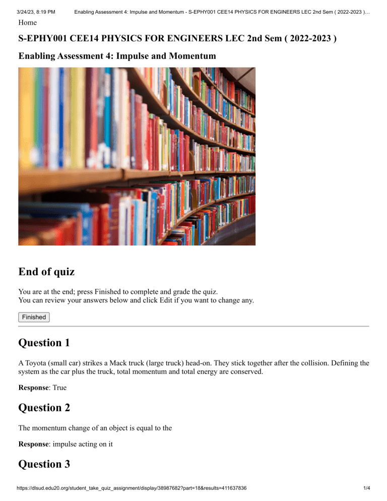 Impulse and Momentum Physics Quiz for Engineers