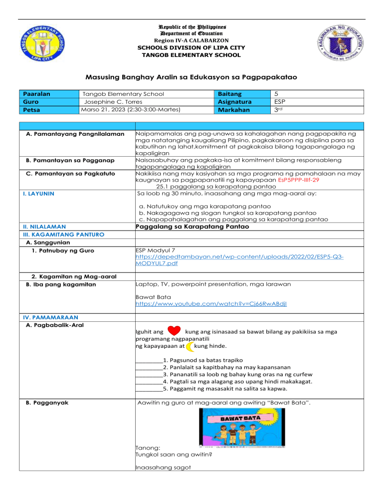 EsP Grade 5: Respect for Human Rights Lesson Plan