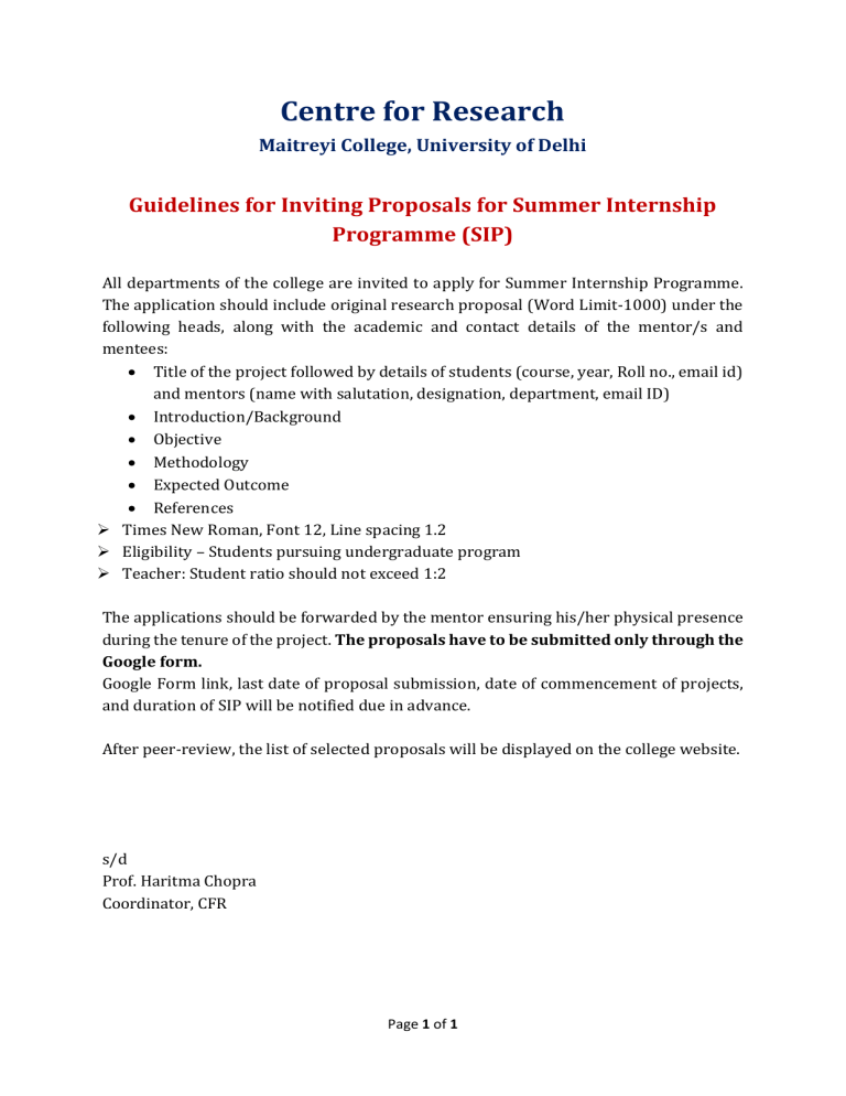 Summer Internship Guidelines at Maitreyi College