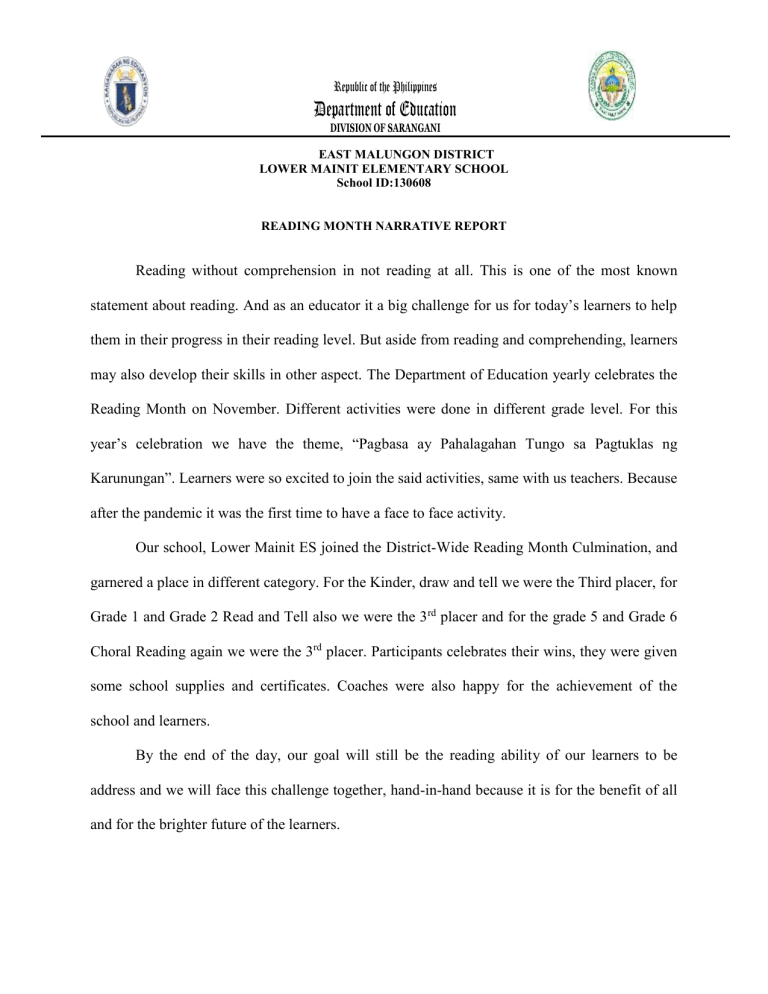 Reading Month Narrative Report - Lower Mainit Elementary School