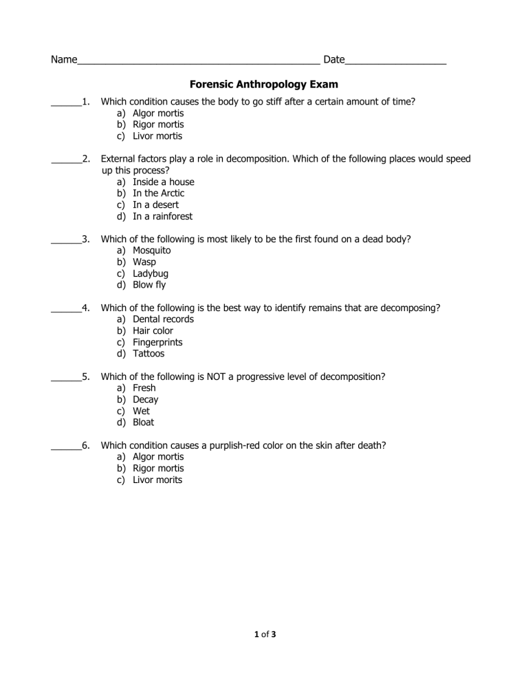 Forensic Anthropology Exam: Post-Mortem & Skeletal ID