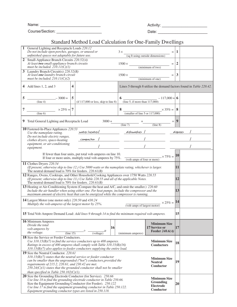 Electrical Load Calculation Worksheet
