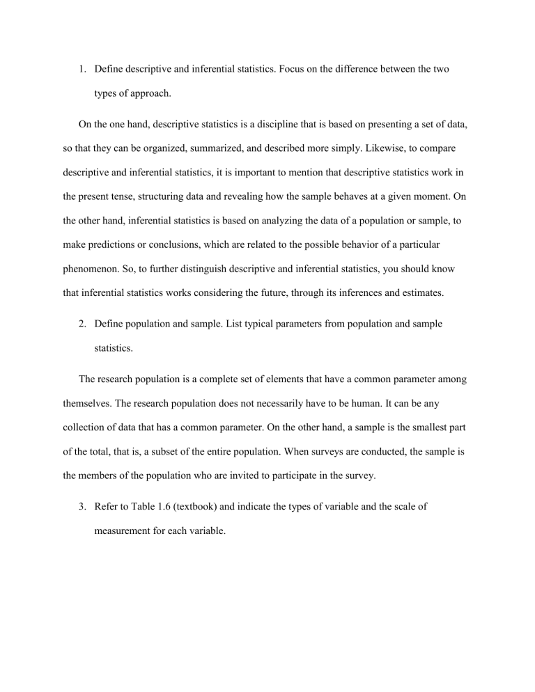 Descriptive and Inferential Statistics Definitions