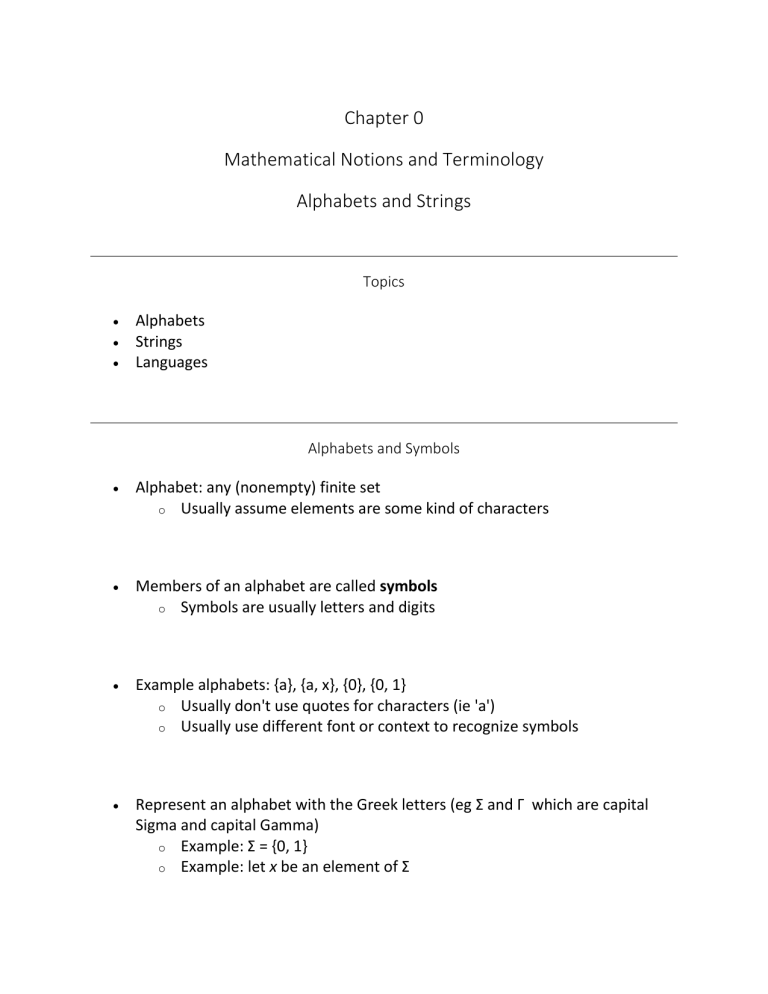 Alphabets, Strings, and Languages: Mathematical Notions
