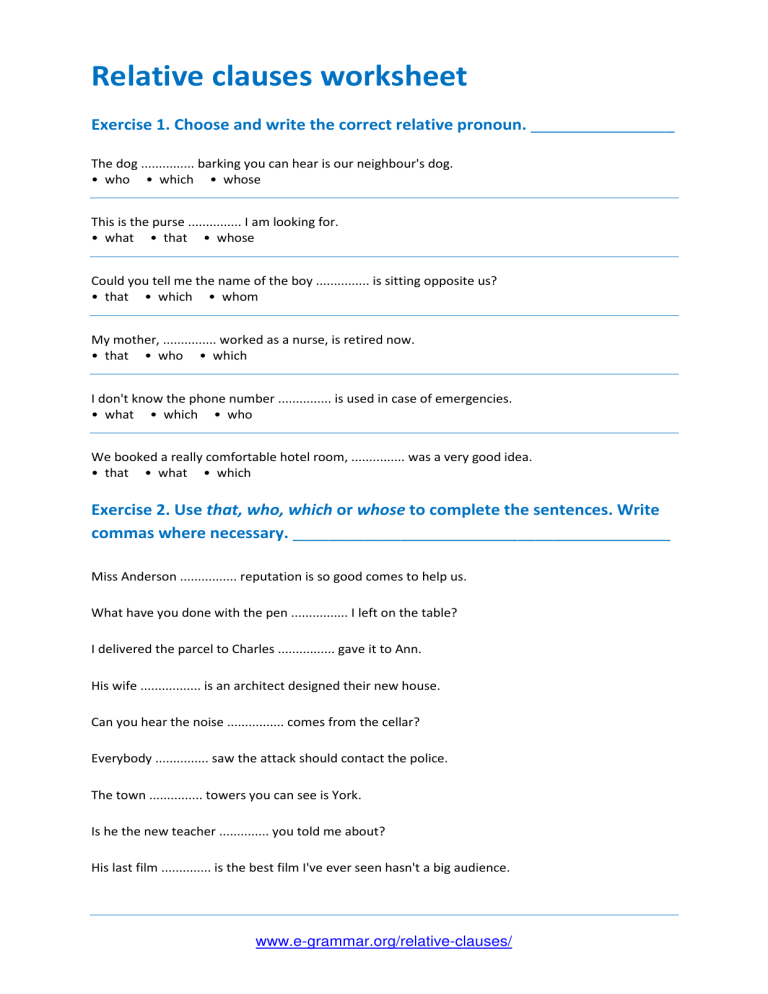 Relative Clauses Worksheet: Grammar Practice
