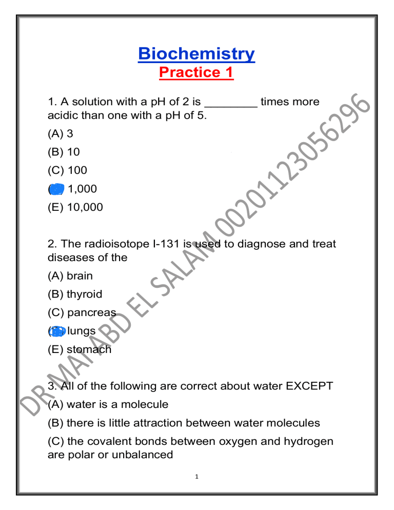 Biochemistry Practice Test: pH, Water, Carbs, Lipids, Proteins