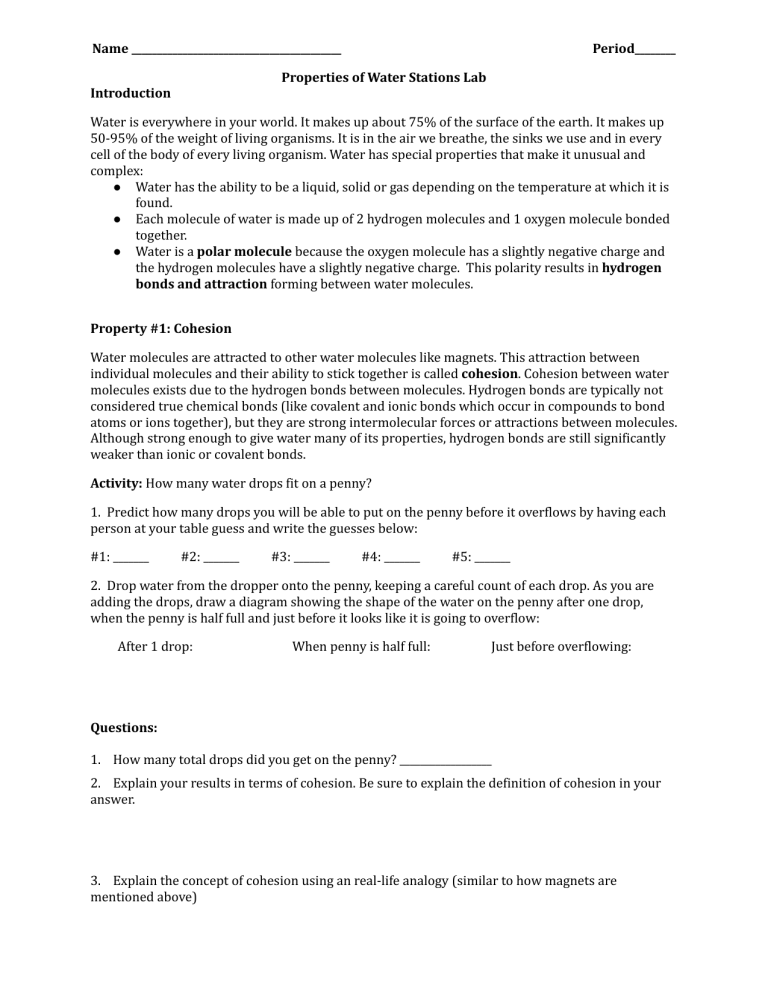 Water Properties Lab Worksheet