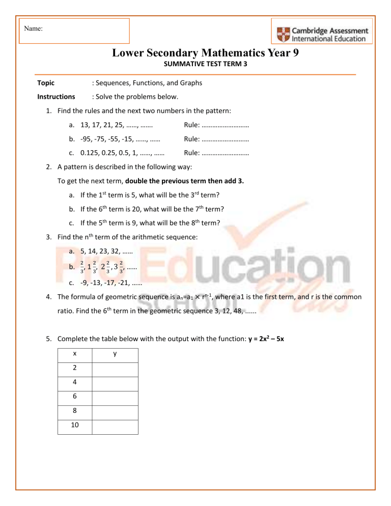 Year 9 Math Test: Sequences, Functions, Graphs