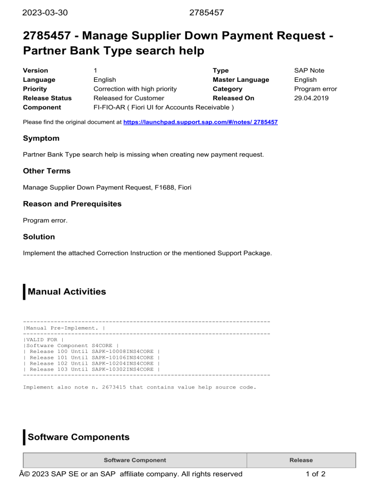 SAP Note 2785457: Partner Bank Type Search Help Issue