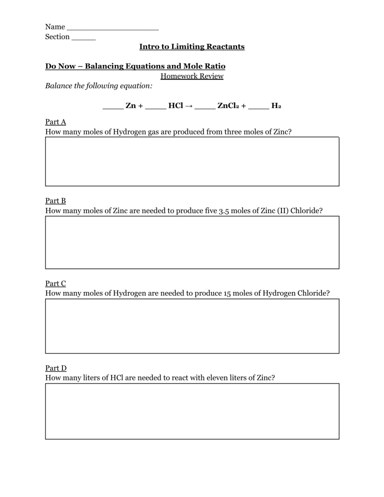 Limiting Reactants Worksheet: Chemistry Stoichiometry