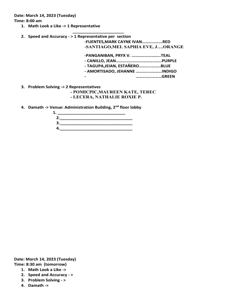 Math Competition Schedule - March 14, 2023
