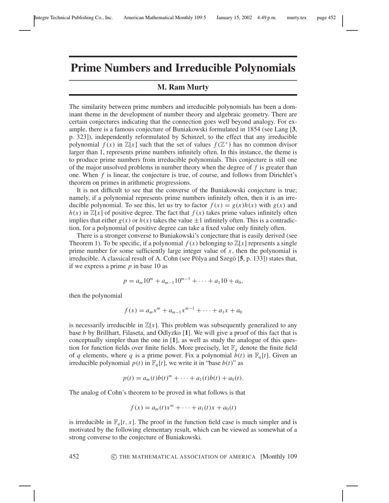Prime Numbers & Irreducible Polynomials: Cohn's Theorem