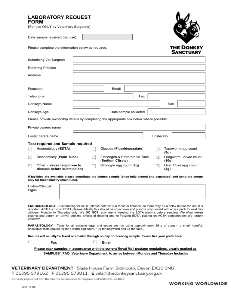 Donkey Veterinary Lab Request Form | Sample Submission