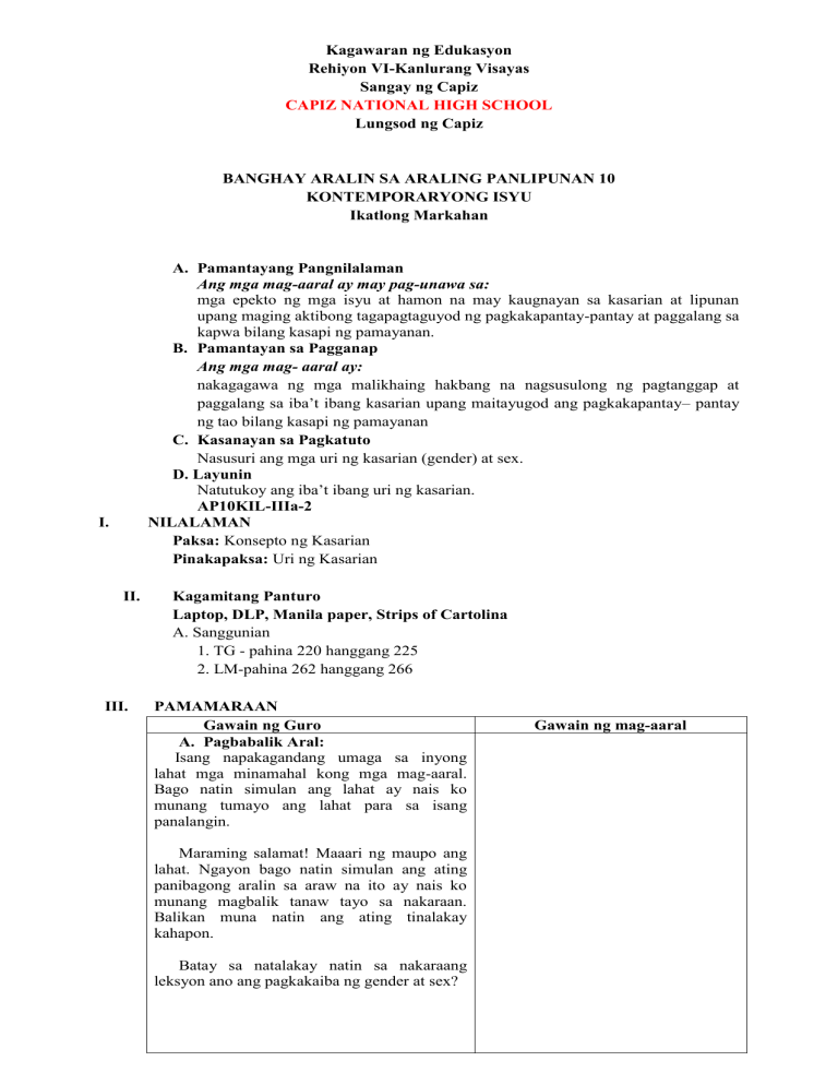 Gender Concepts Lesson Plan for Araling Panlipunan 10