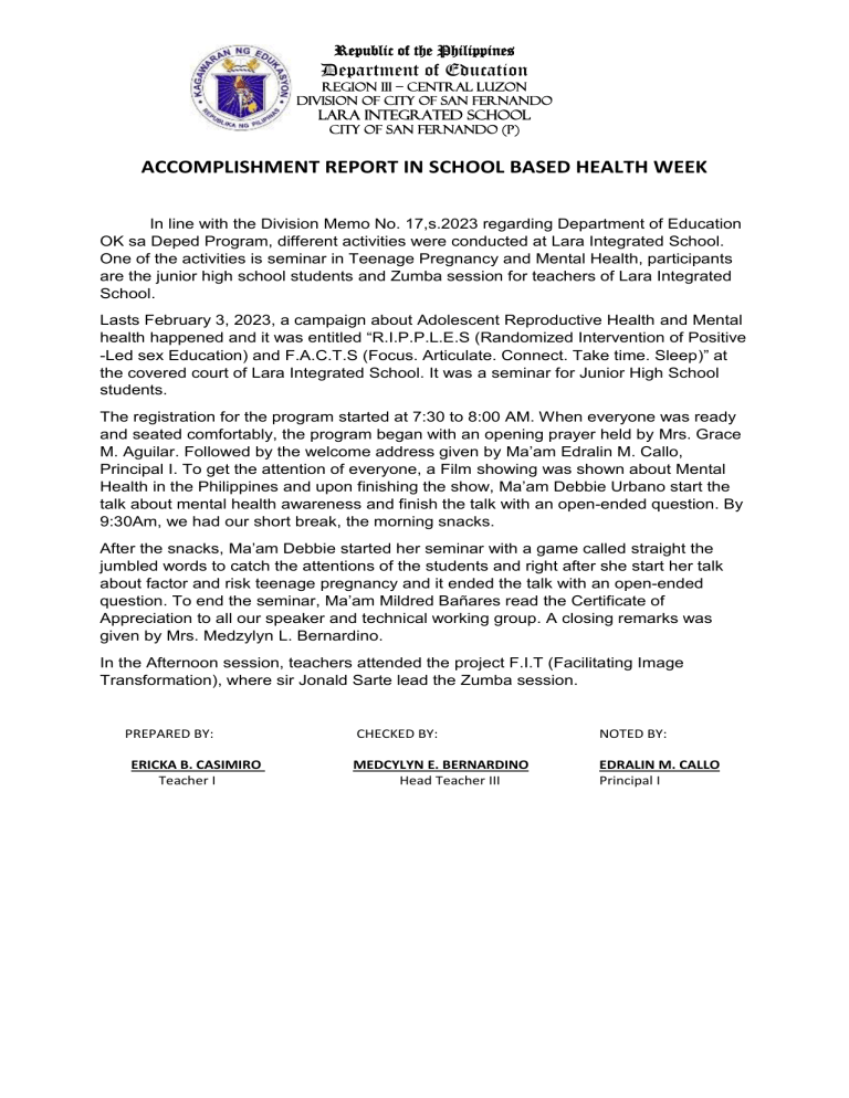 School Health Week Accomplishment Report