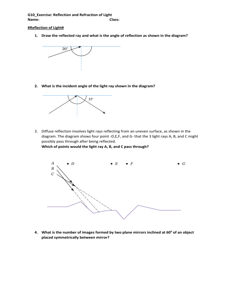 Reflection & Refraction of Light Worksheet