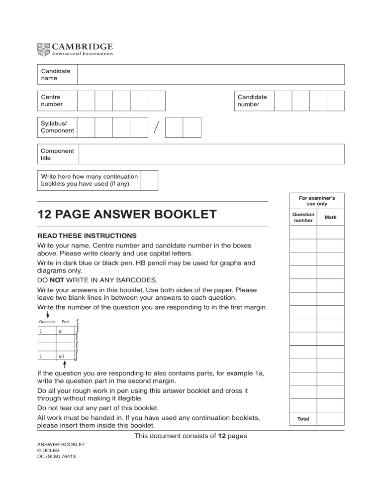 Cambridge Exam Answer Booklet