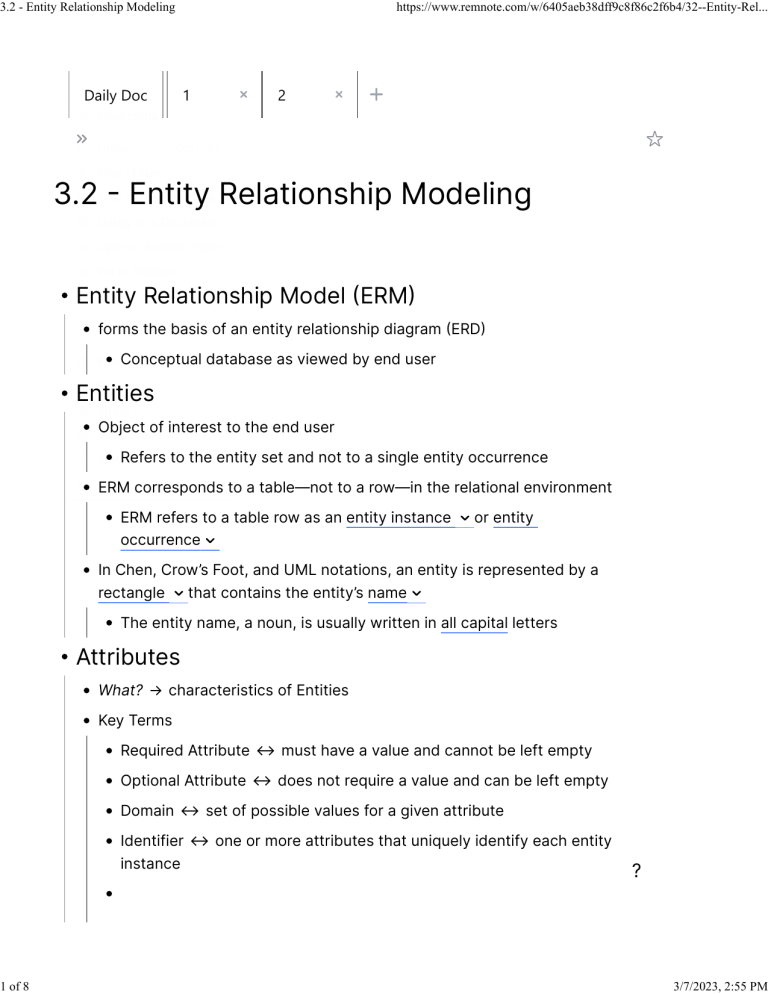 Entity Relationship Modeling (ERM) Lecture Notes