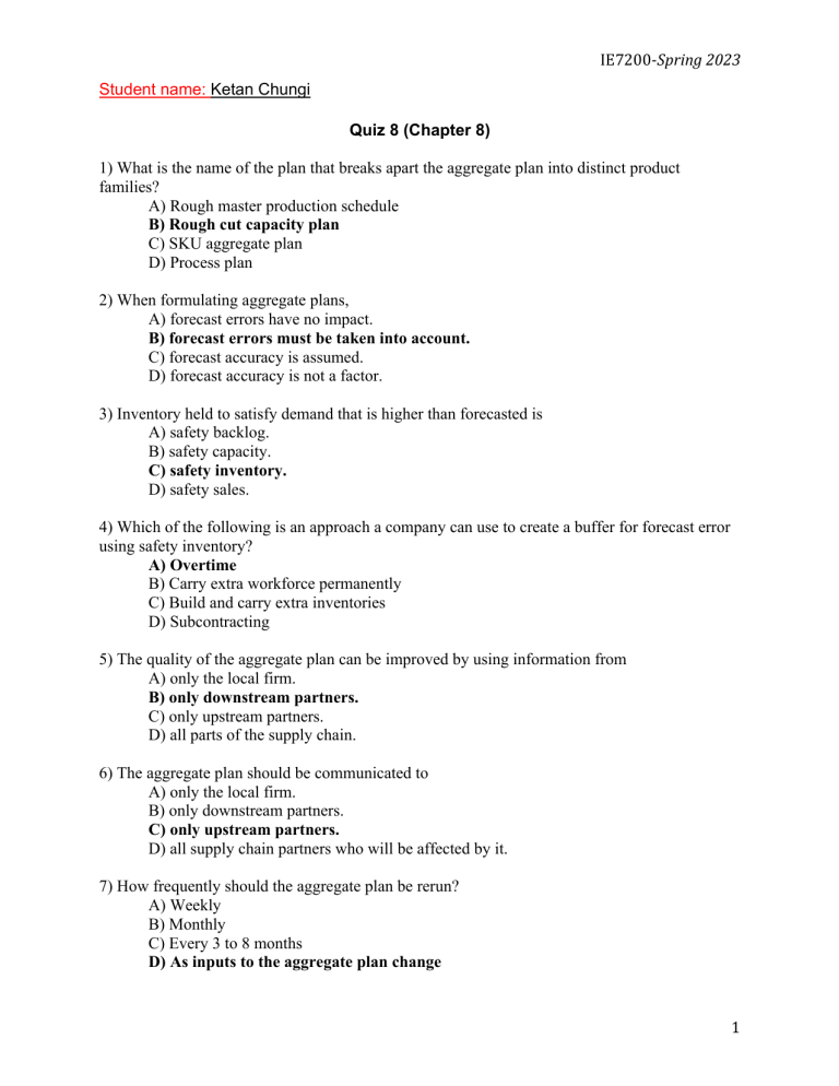 Aggregate Planning Quiz - Operations Management