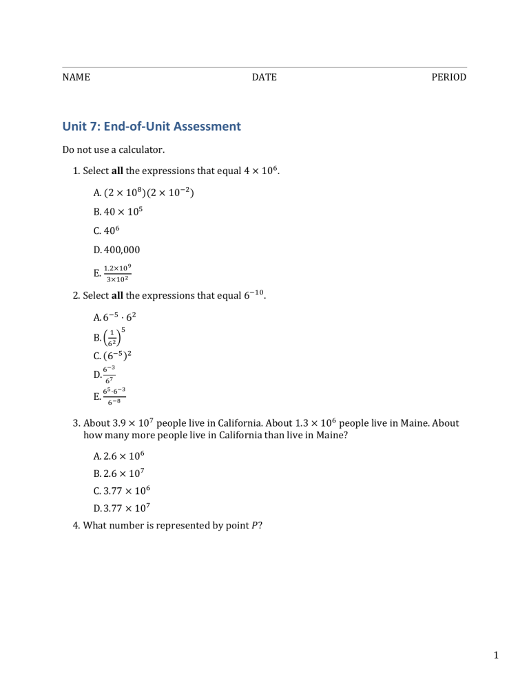 Unit 7 Math Assessment: Exponents & Scientific Notation