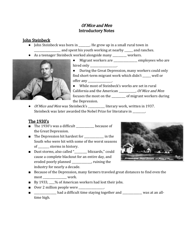 Of Mice and Men Introductory Notes Worksheet