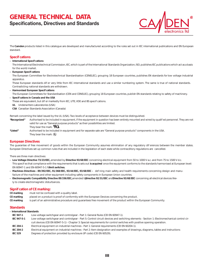 Camden Technical Data: Specs, Directives, Standards