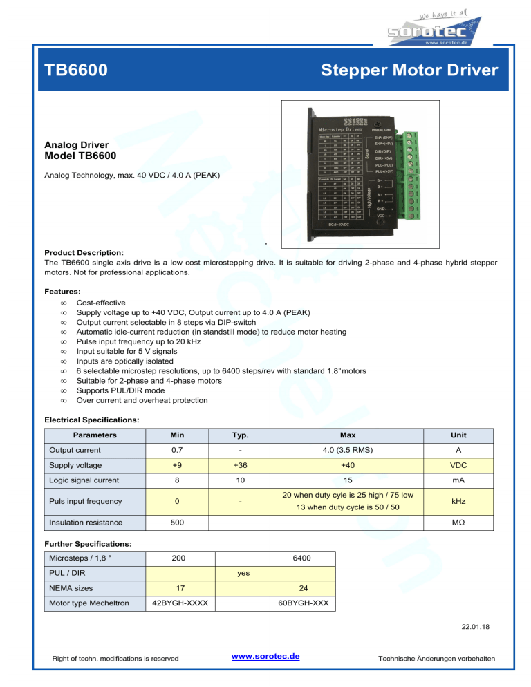 TB6600 Stepper Motor Driver Datasheet
