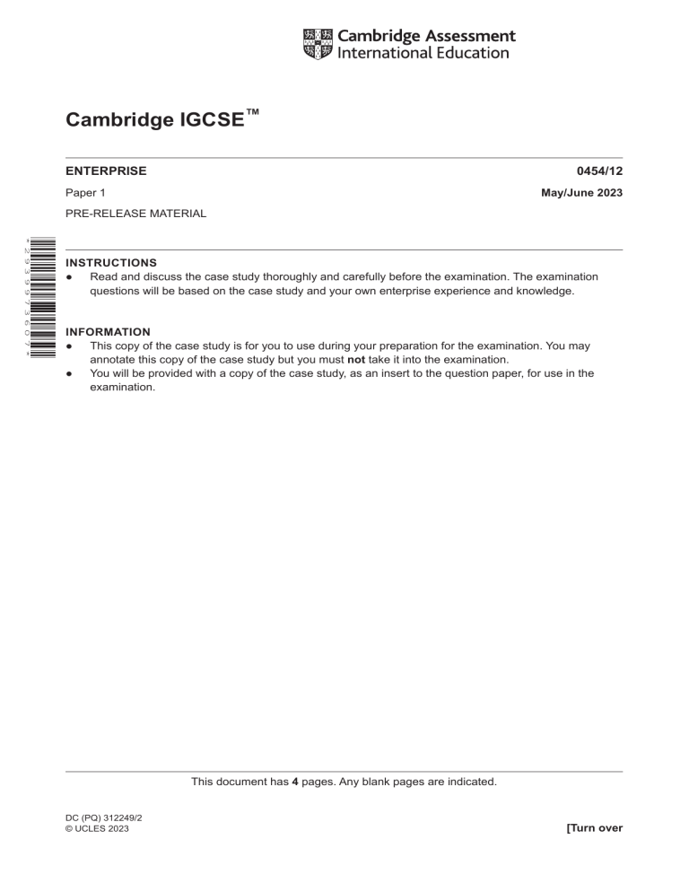 Cambridge IGCSE Enterprise Case Study