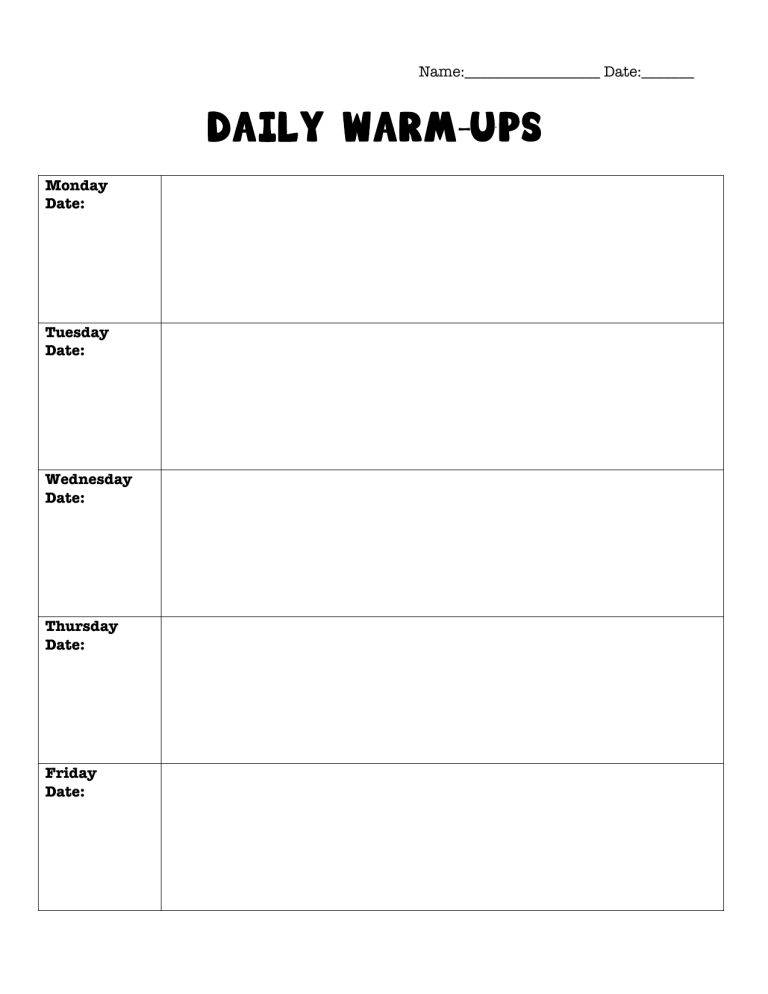 Daily Warm-Ups Worksheet: Monday-Friday