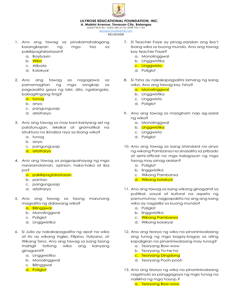 Language Reviewer: Filipino & Linguistics