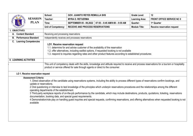 Front Office Service Session Plan: Reservations
