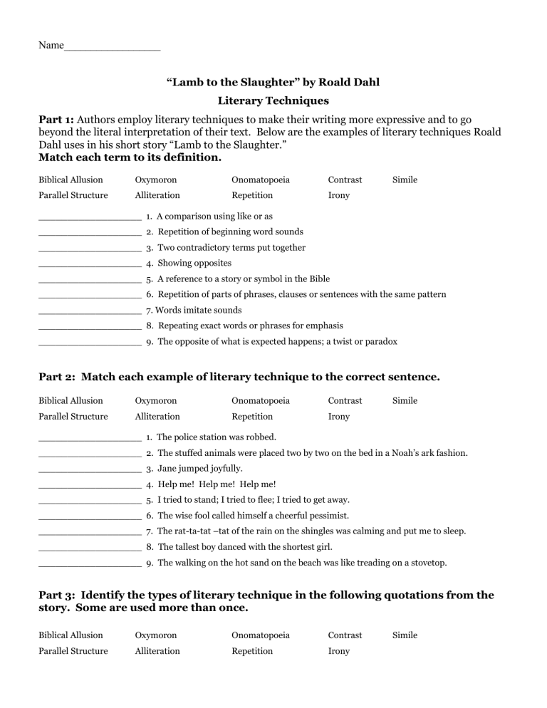Lamb to the Slaughter Literary Techniques Worksheet