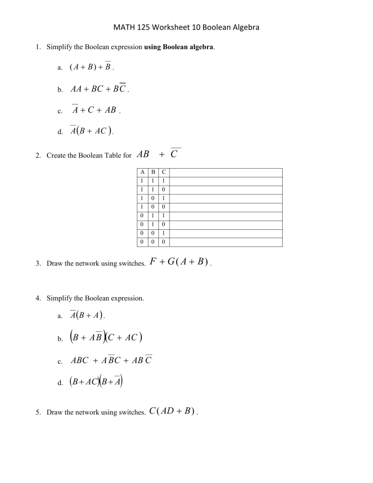Boolean Algebra Worksheet: Simplify Expressions & Draw Networks
