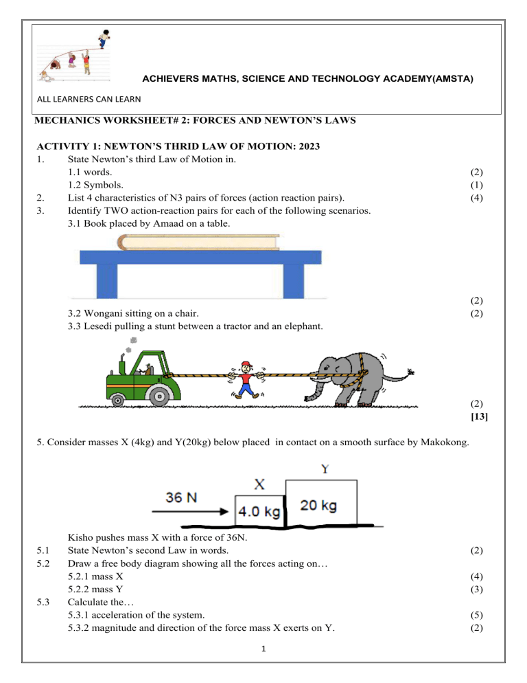 Mechanics Worksheet: Forces & Newton's Laws