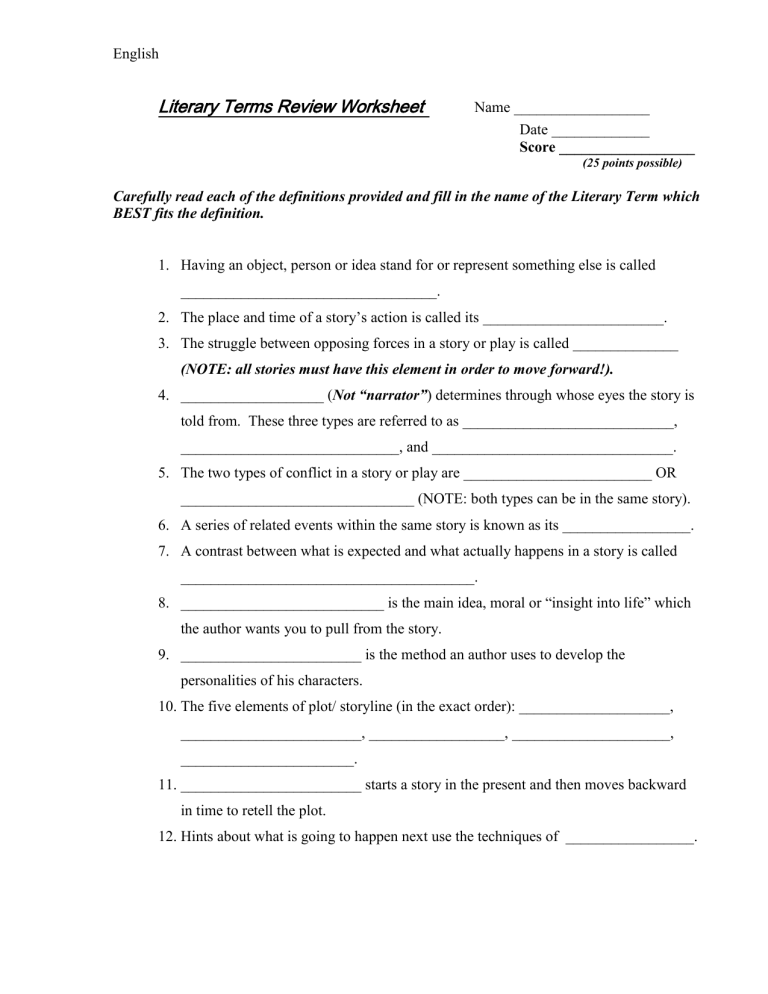 Literary Terms Review Worksheet