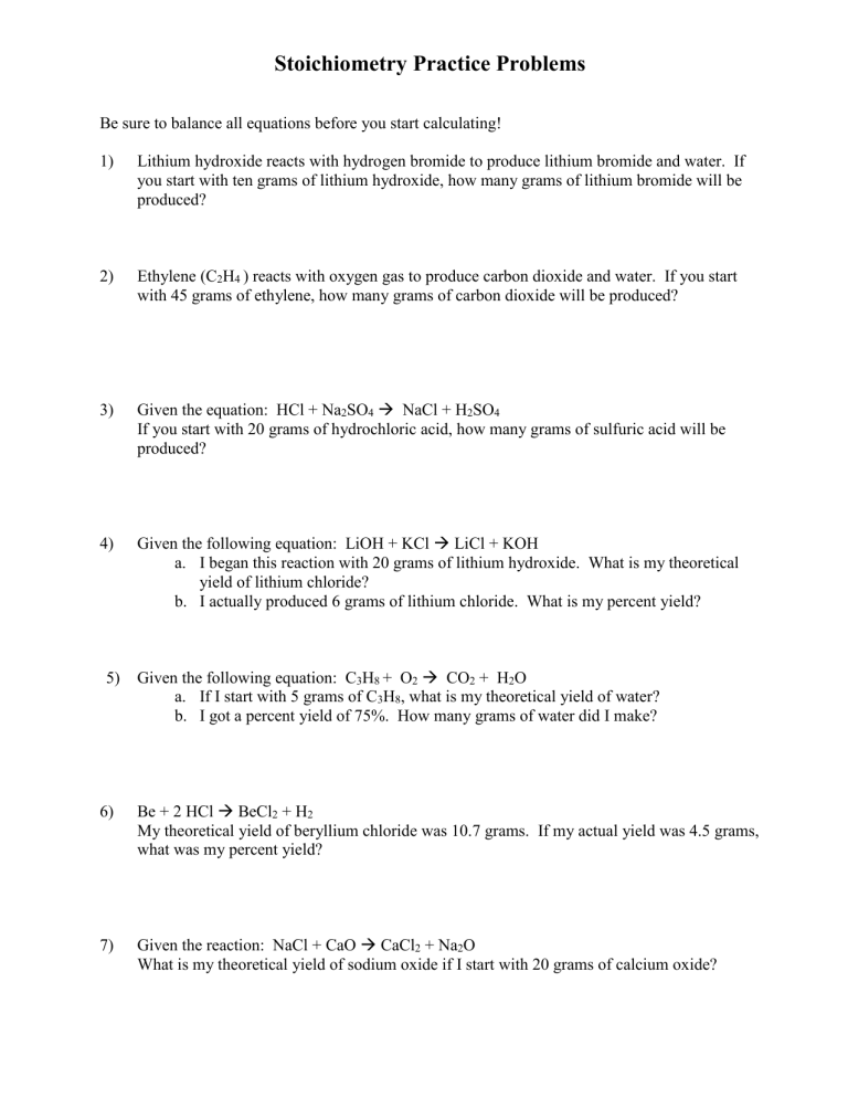 Stoichiometry Practice Problems