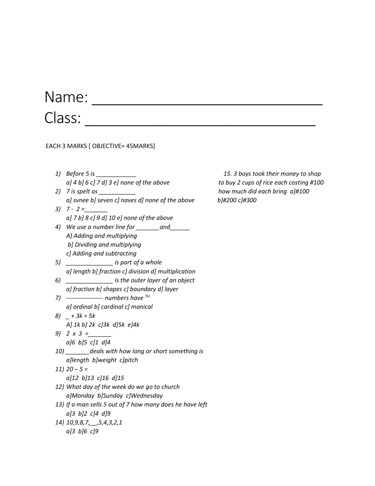 Elementary Math Test - Arithmetic & Number Skills