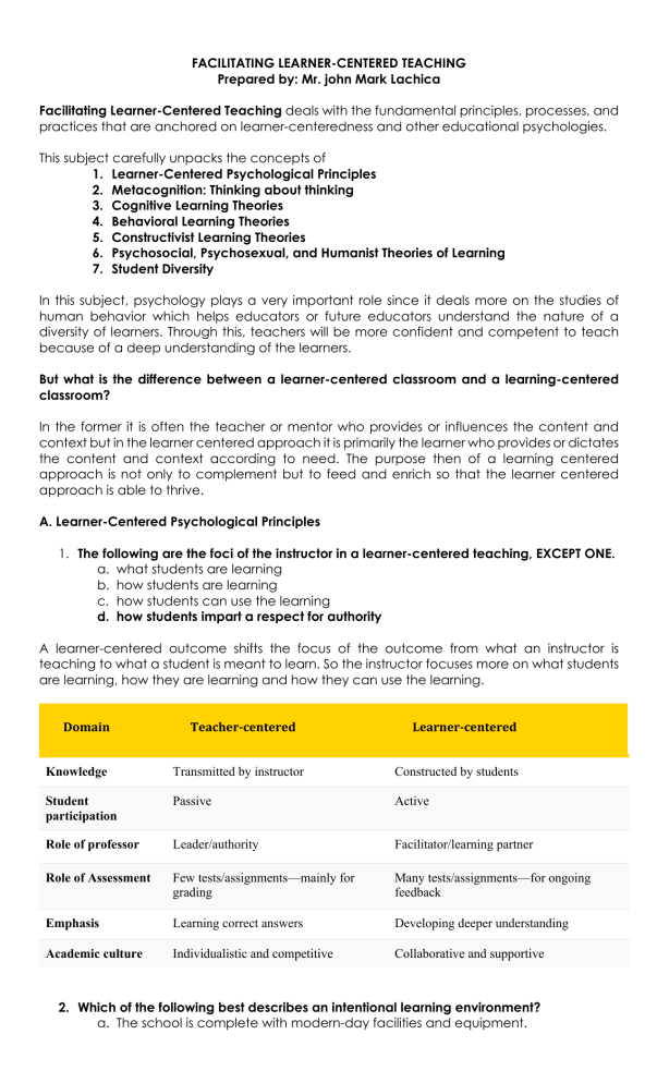 Learner-Centered Teaching Principles & Theories
