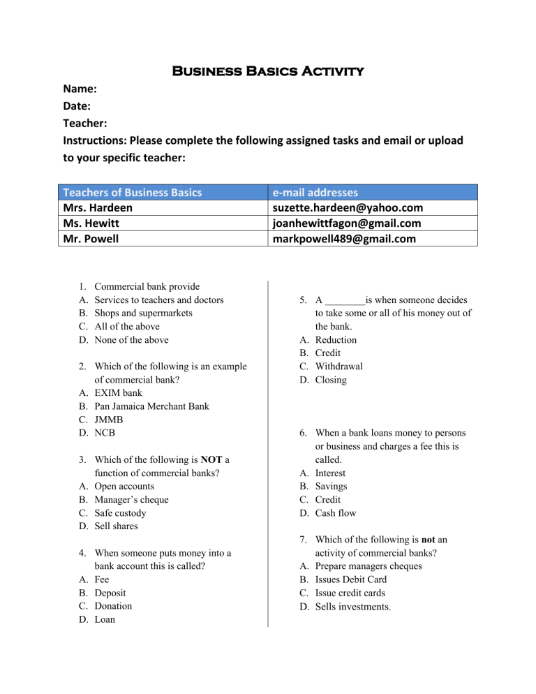 Business Basics Worksheet: Commercial Banks