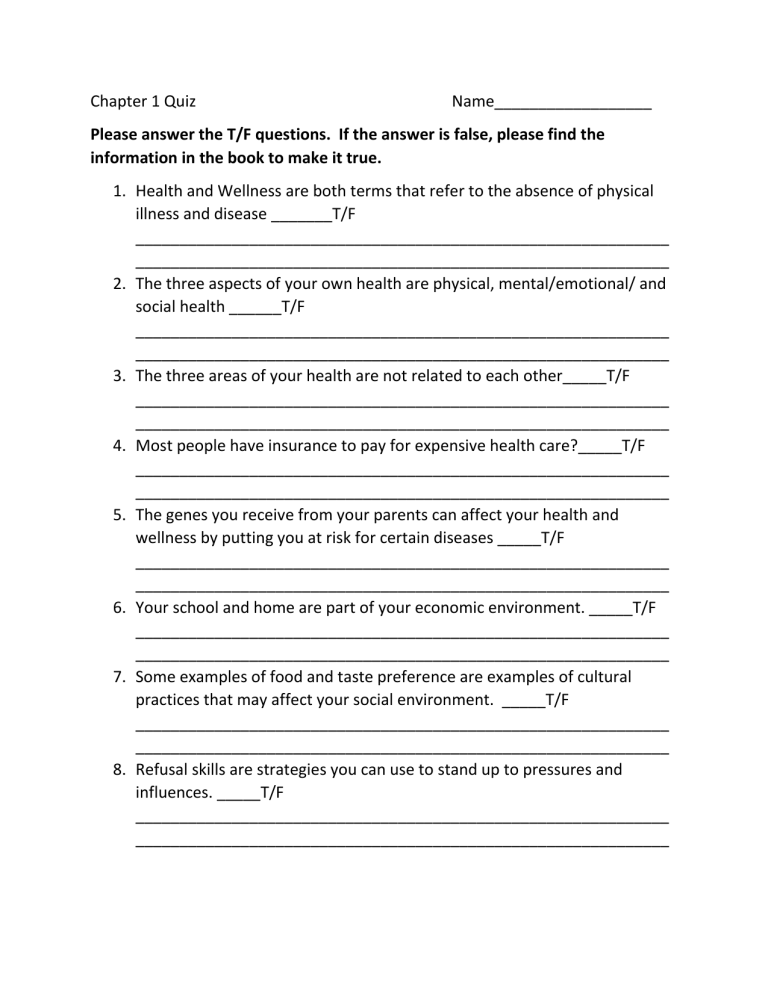 Health Quiz: Chapter 1 - Health and Wellness