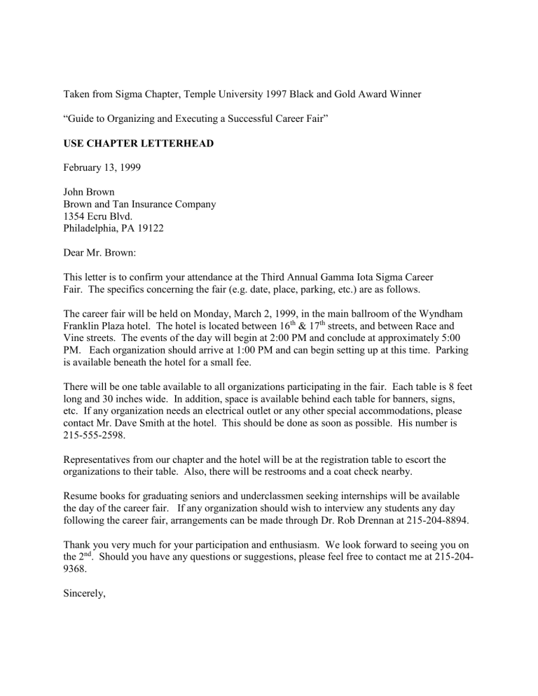 Career Fair Confirmation Letter - Gamma Iota Sigma, Temple University