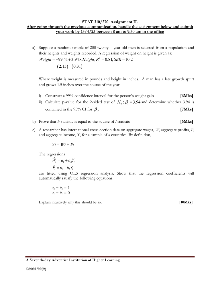 Statistics Assignment: Regression, Confidence Intervals