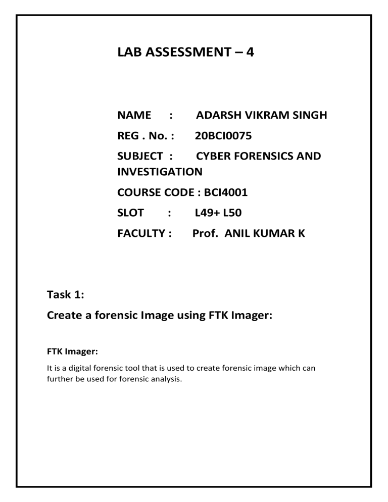 Cyber Forensics Lab Assessment: FTK Imager & Threat Modeling