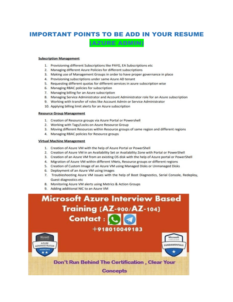 Azure Admin Resume Points: Subscription, Resource, VM Management