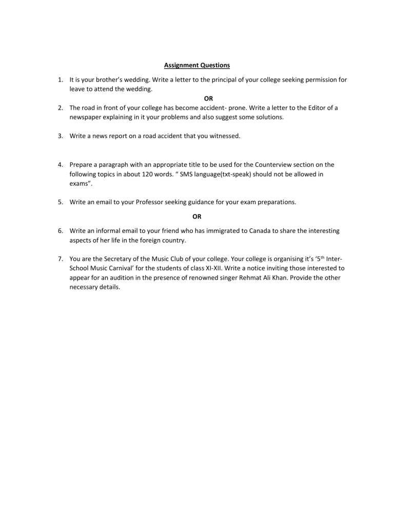 Assignment Questions: Writing Practice