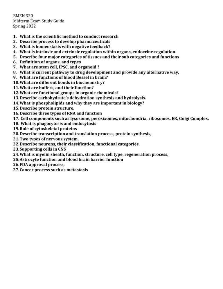 BMEN 320 Midterm Exam Study Guide - Spring 2022