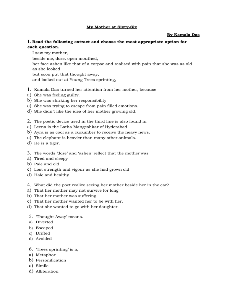My Mother at Sixty-Six: Poem Analysis Worksheet